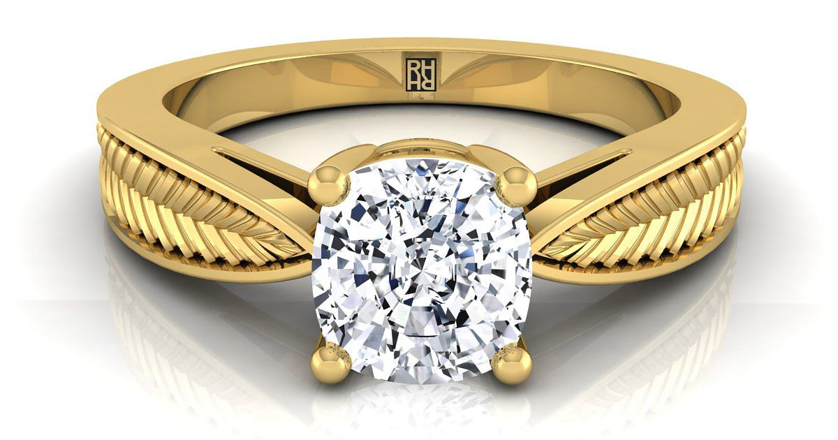 18K Yellow Gold Cushion Vintage Inspired Leaf Pattern Pinched Solitair
