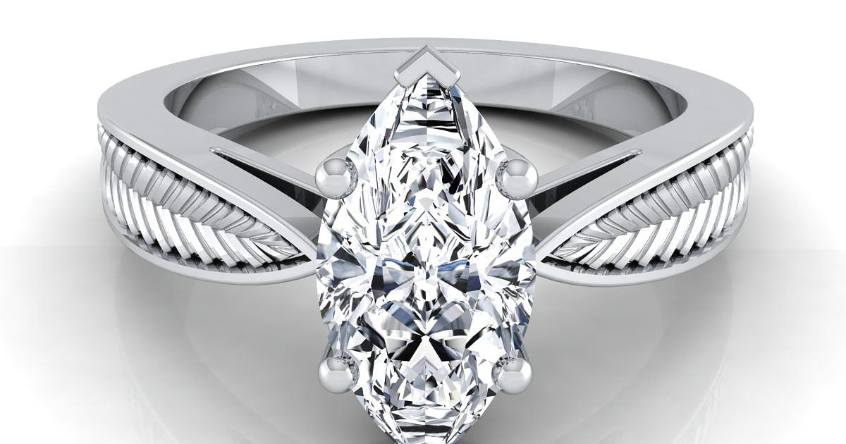 18K White Gold Marquise Vintage Inspired Leaf Pattern Pinched Solitair