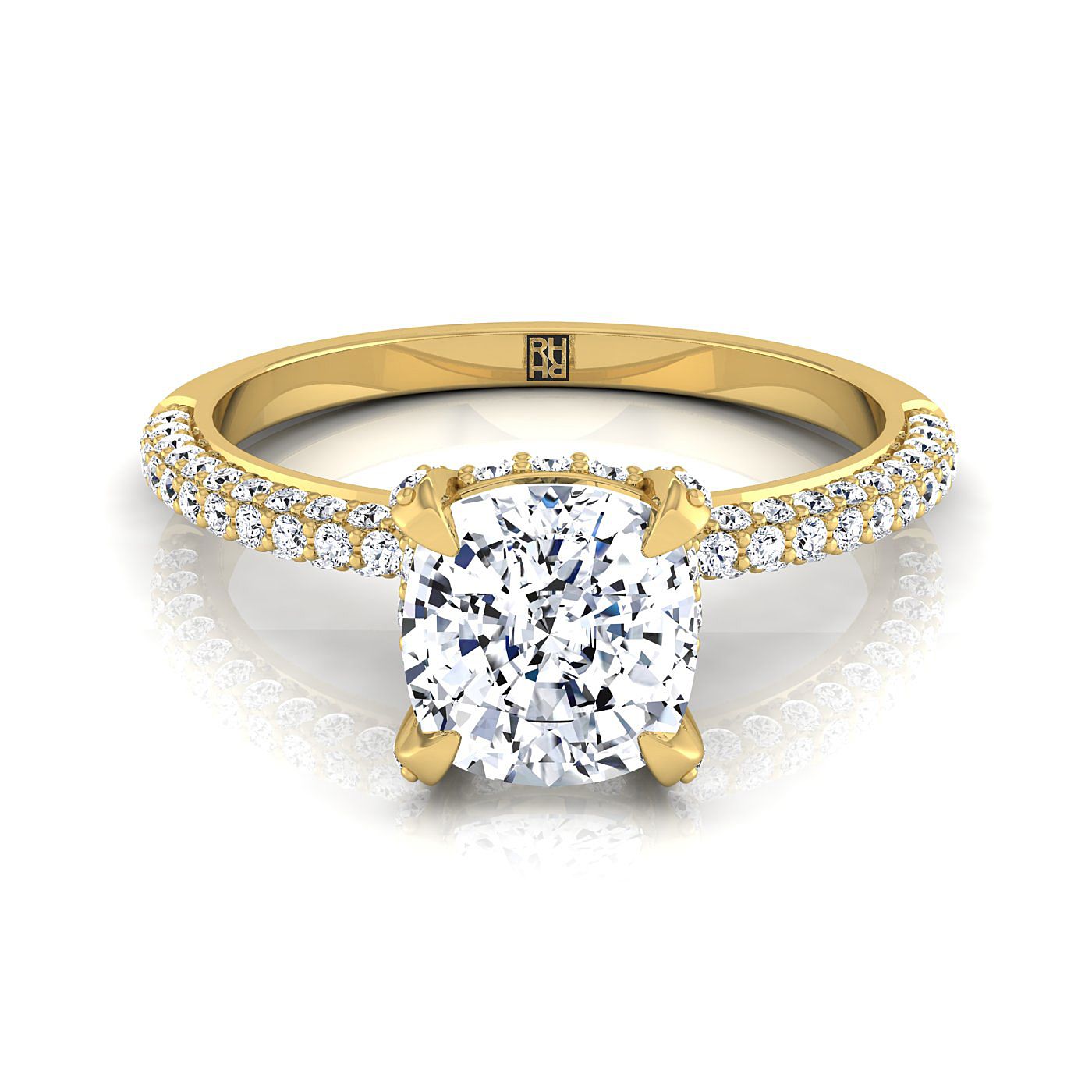 18K Yellow Gold Cushion Diamond Encrusted Claws and Triple Pave Engage ...