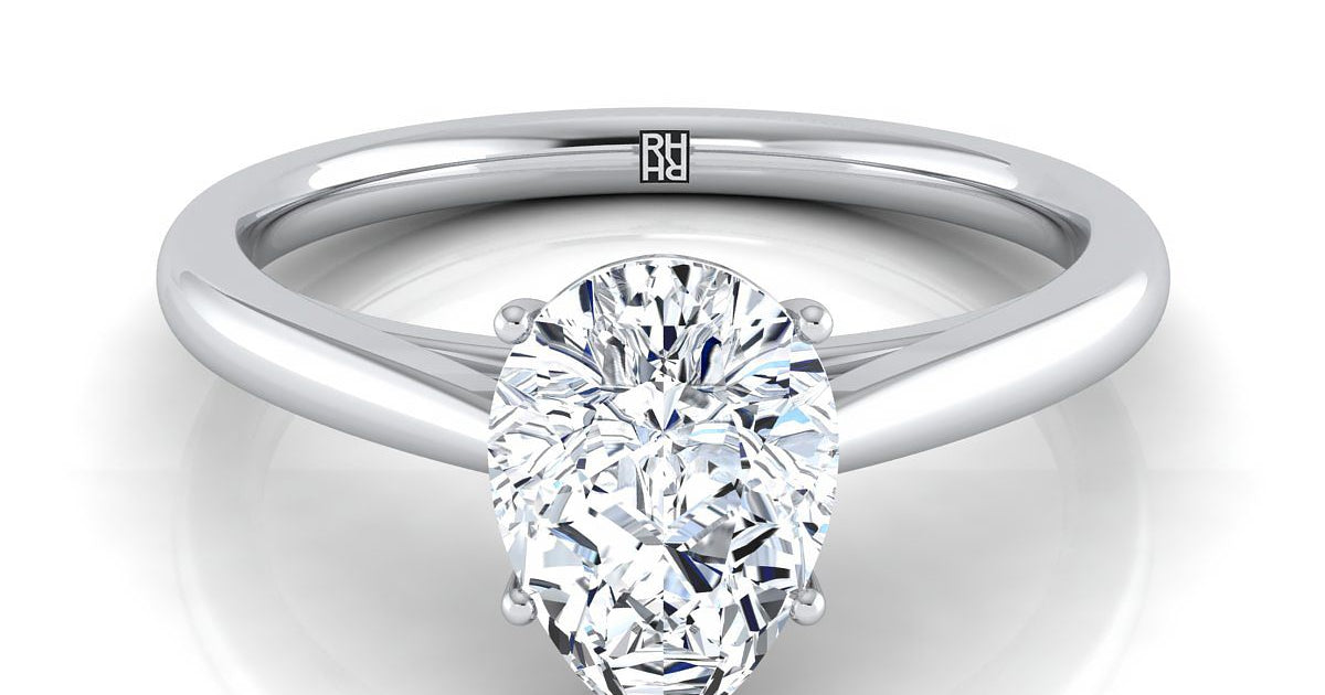 14K White Gold Pear Shape Center Rounded Comfort Fit Secret Stone Soli