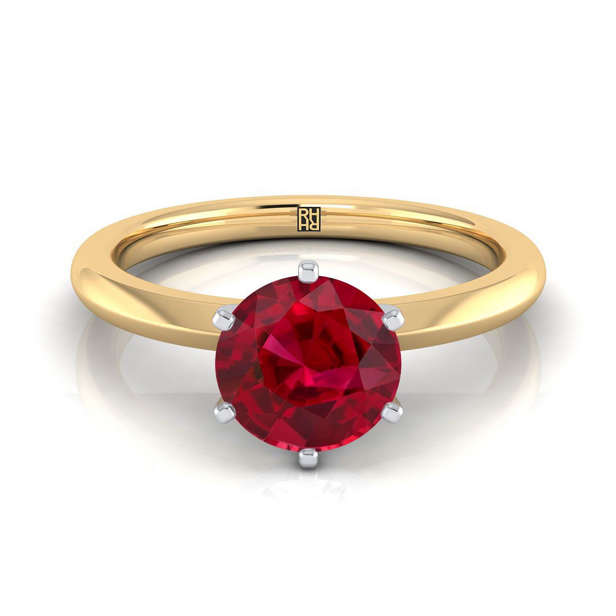 14K Yellow Gold Round Brilliant Ruby Pinched Comfort Fit Claw Prong So - RockHer.com